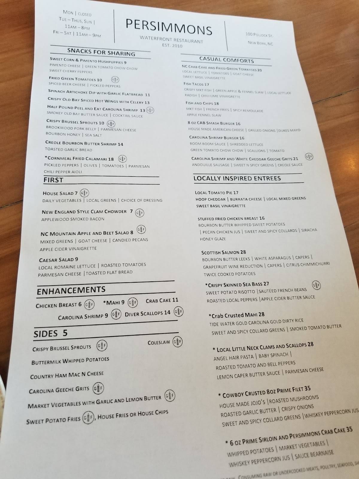 Menu at Persimmons Waterfront Restaurant, New Bern