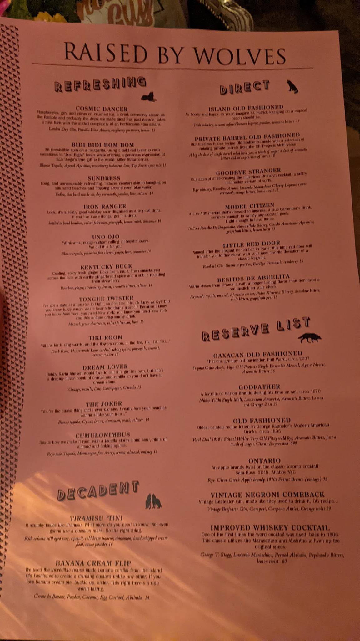 Menu at Raised by Wolves pub & bar, San Diego