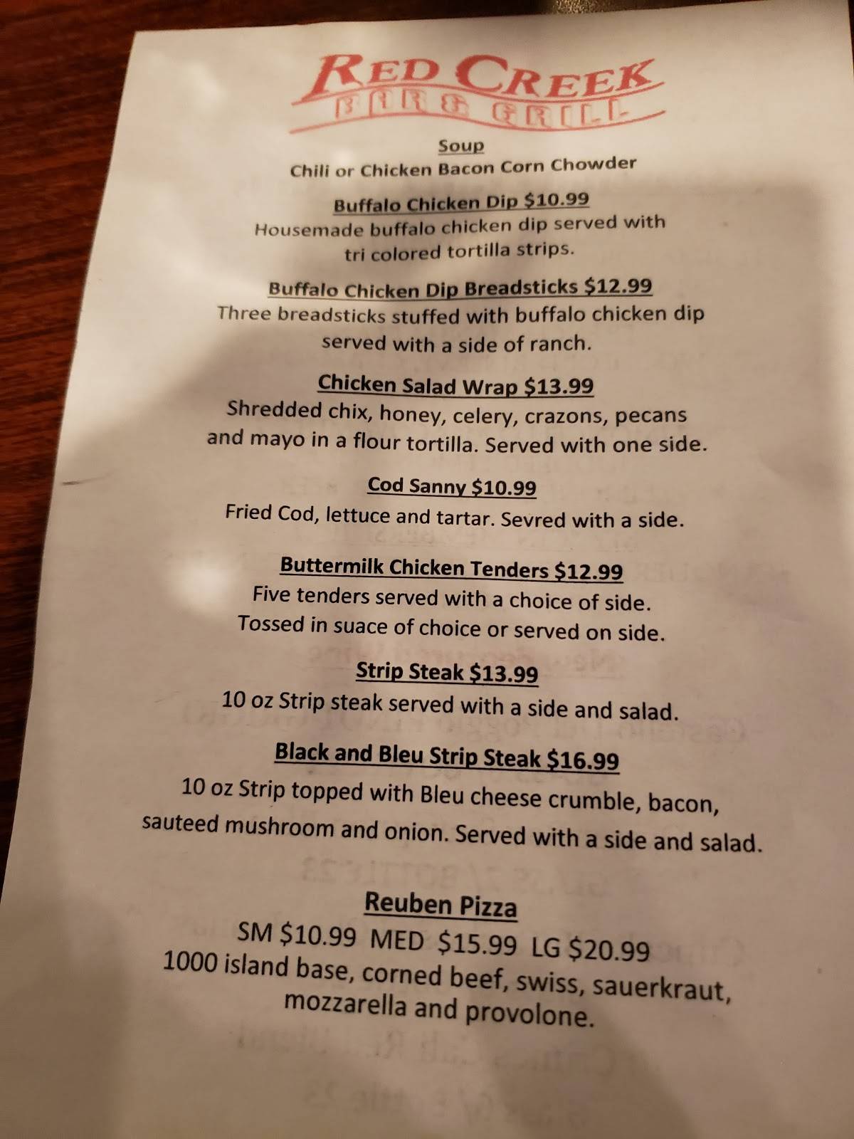 Menu at Red Creek Bar & Grill, Painesville