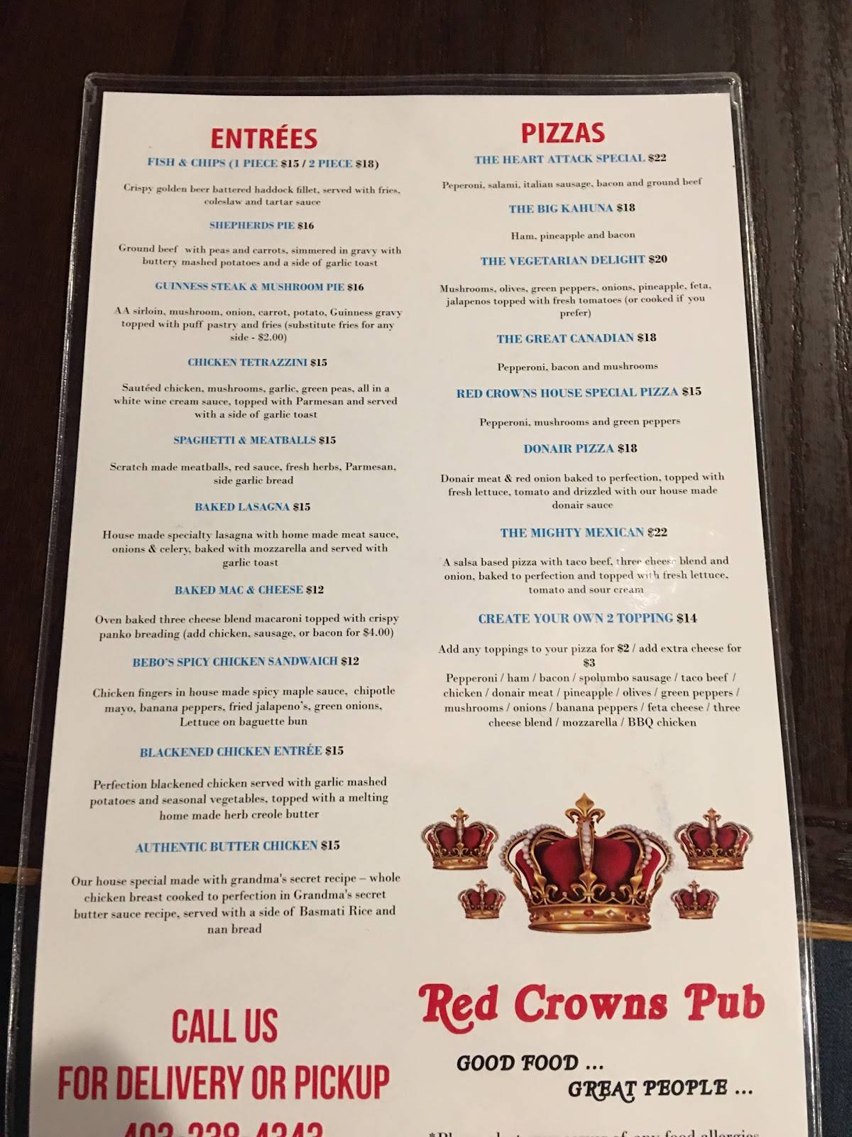 Menu at Red Crowns Pub, Calgary, 523 Woodpark Blvd SW #20
