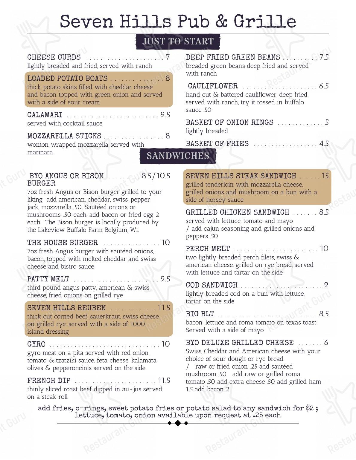 Menu at Seven Hills Pub & Grille, Port Washington