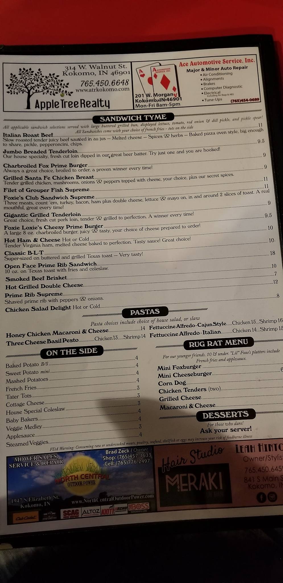 Menu at THE FOXES TRAILS pub & bar, Kokomo