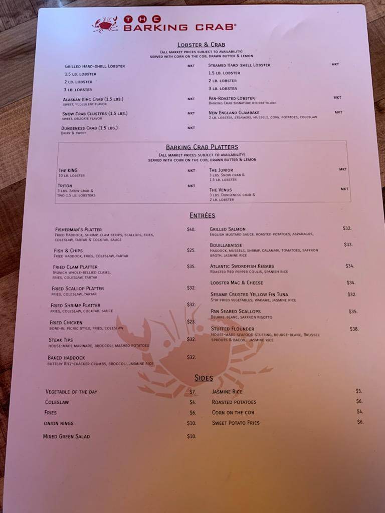 Menu at The Barking Crab, Boston