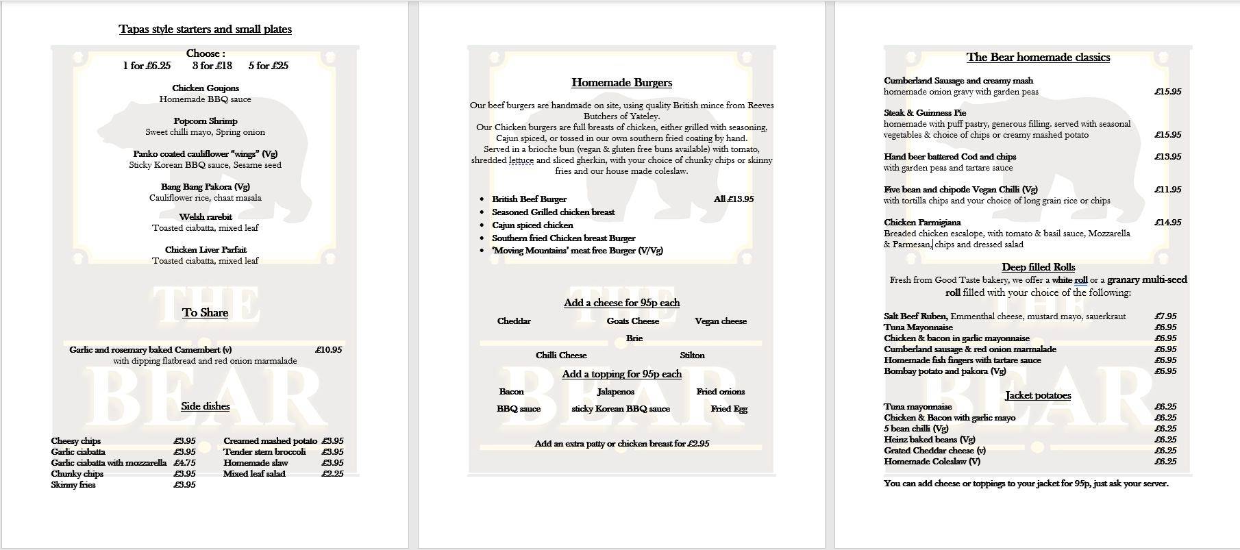 Menu at The Bear pub & bar, Camberley