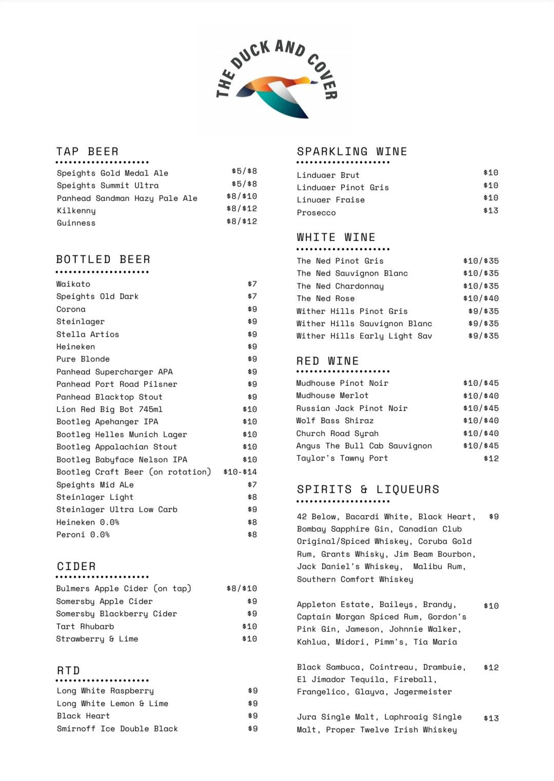 Menu at The Duck and Cover pub & bar, Te Aroha