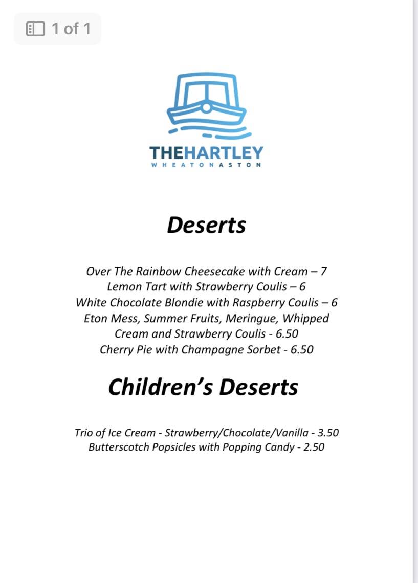 Menu at The Hartley Arms pub & bar, Wheaton Aston