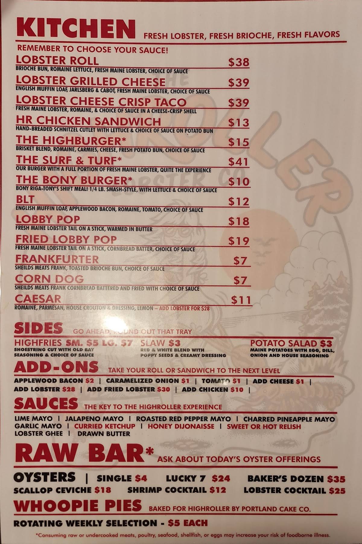 Menu at The Highroller Lobster Co. pub & bar, Portland