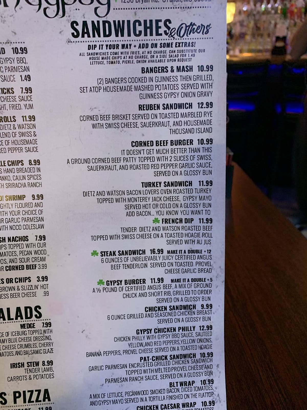 Menu at The Irish Gypsy pub & bar, O'Fallon