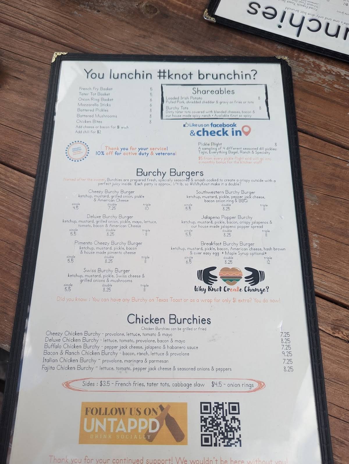 Menu at The Knot Burger Pub, Summerville, 208 E 5th N St