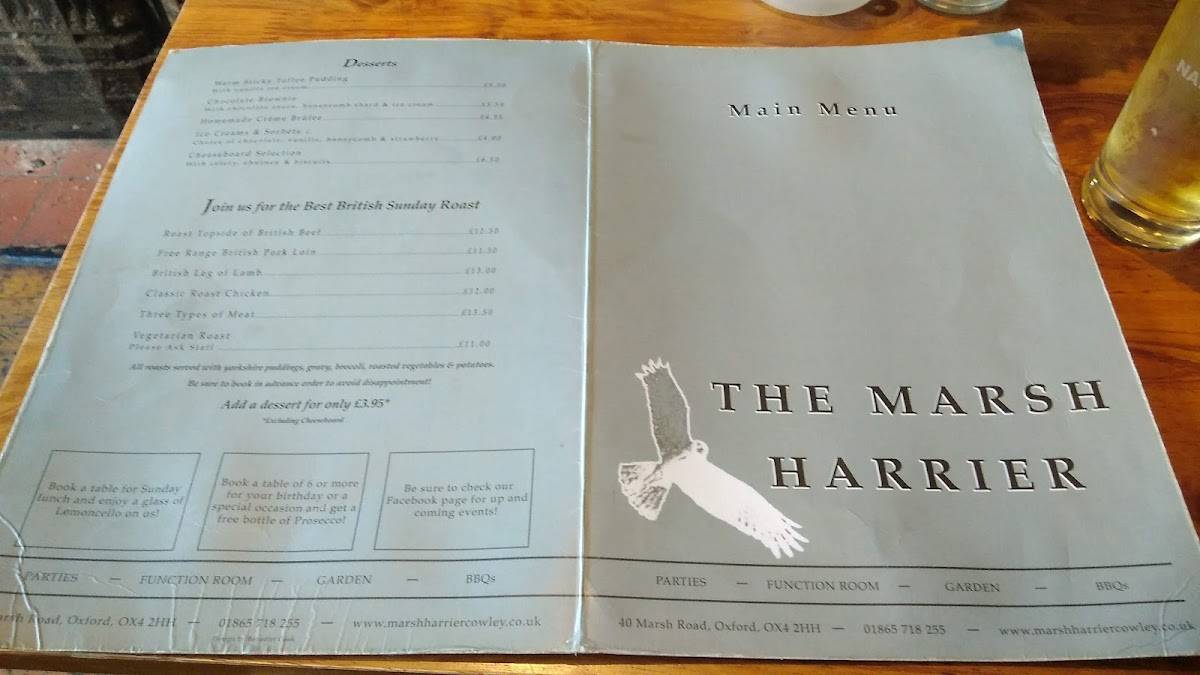 Menu at The Marsh Harrier, Oxford pub & bar, Oxford