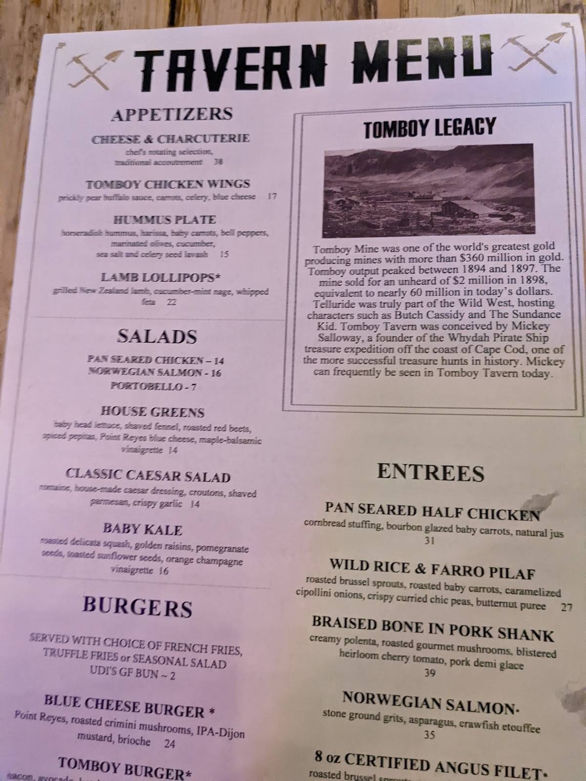 Carta del pub y bar Tomboy Tavern, Mountain Village