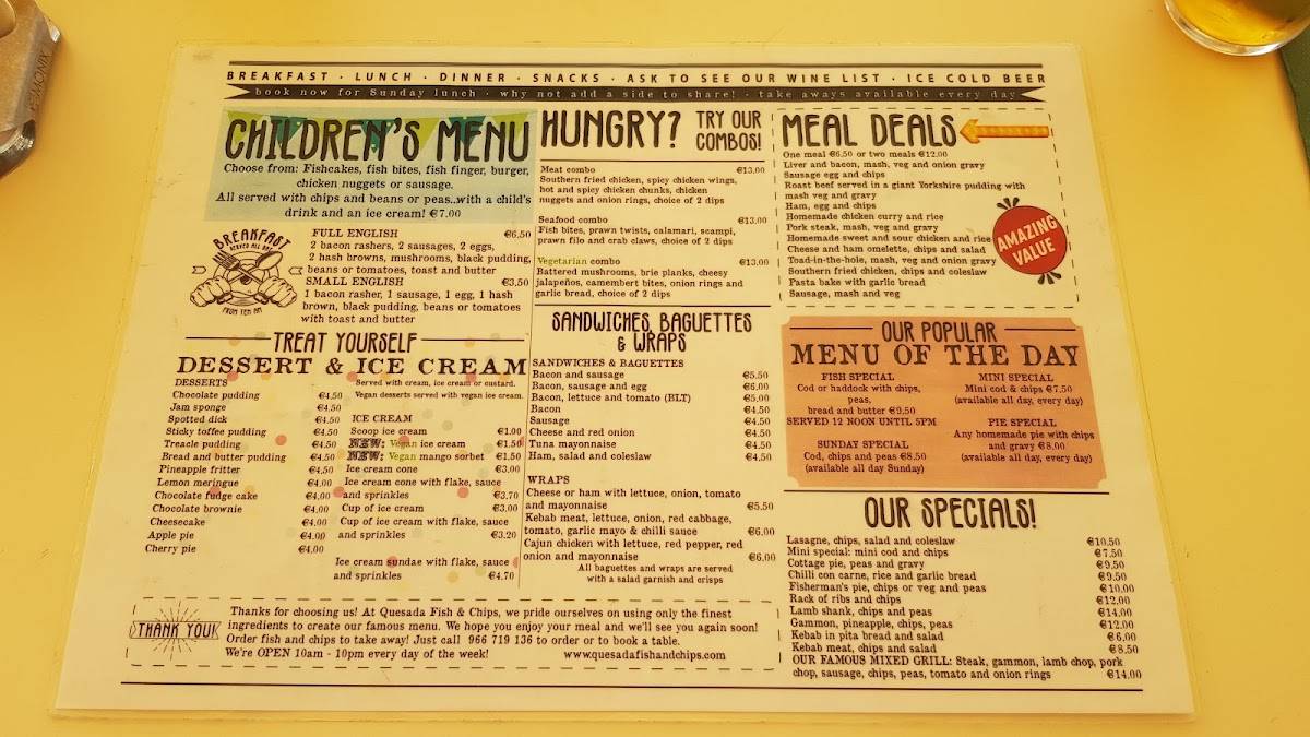 Menu at Quesada Fish and Chips restaurant, Quesada