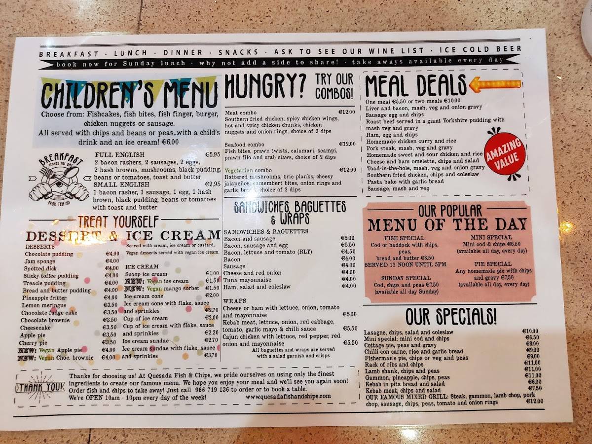 Menu at Quesada Fish and Chips restaurant, Quesada