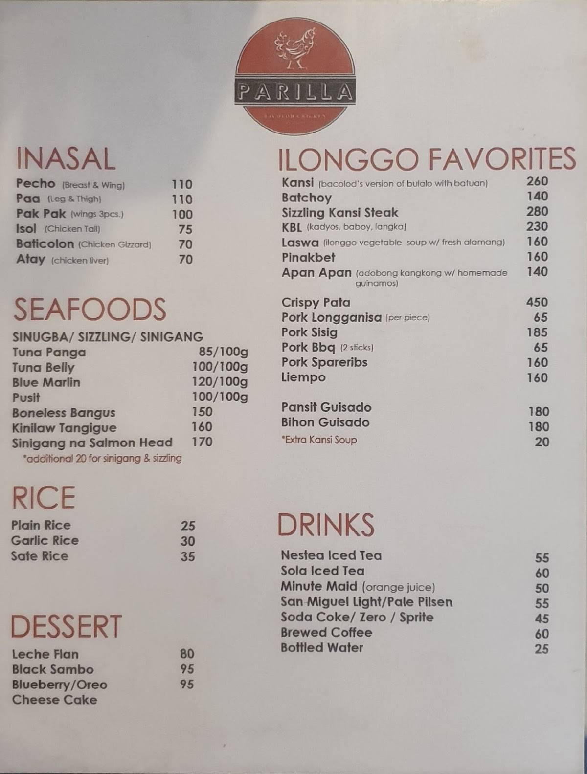Menu at Bacolod Chicken Parilla restaurant, Quezon City, 93 Sct. Reyes St