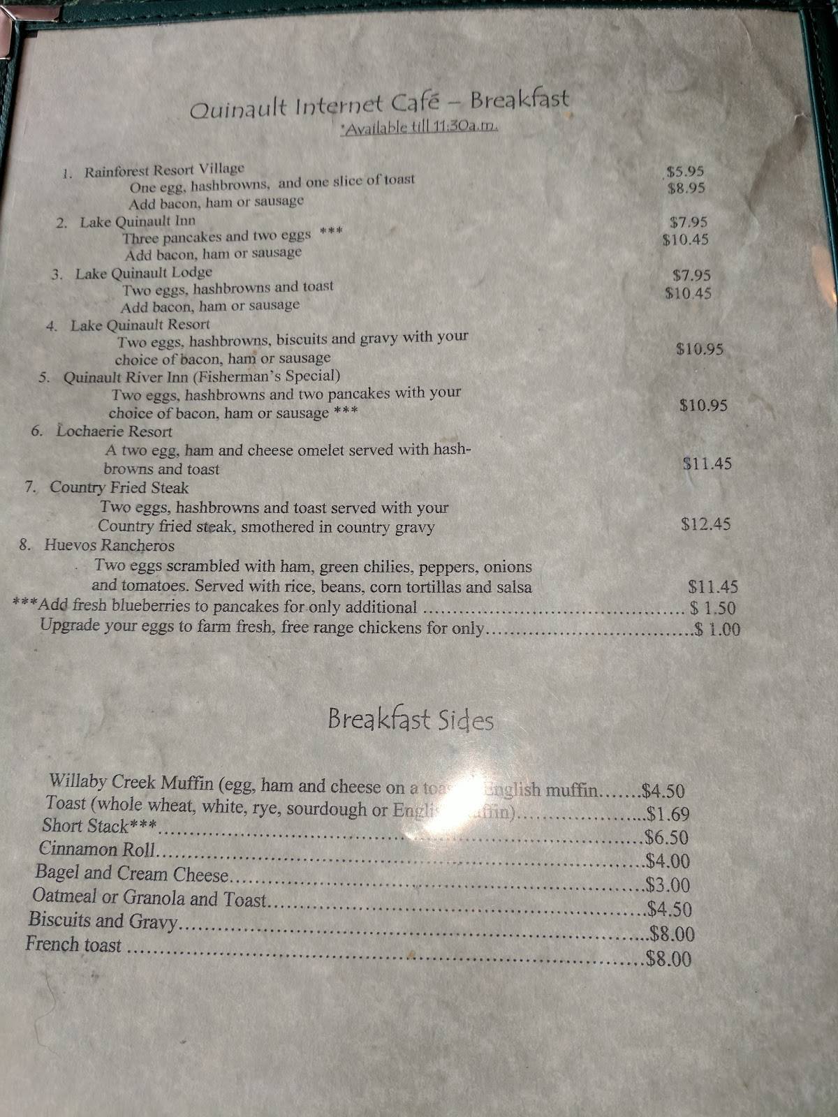 Menu at Quinault Internet Cafe, Amanda Park