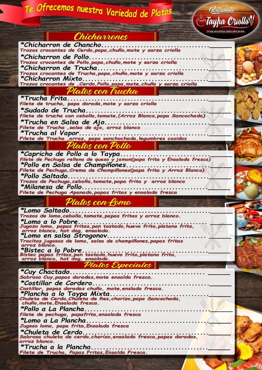 Menu at Quinta restaurante Taypa criollo, Puno