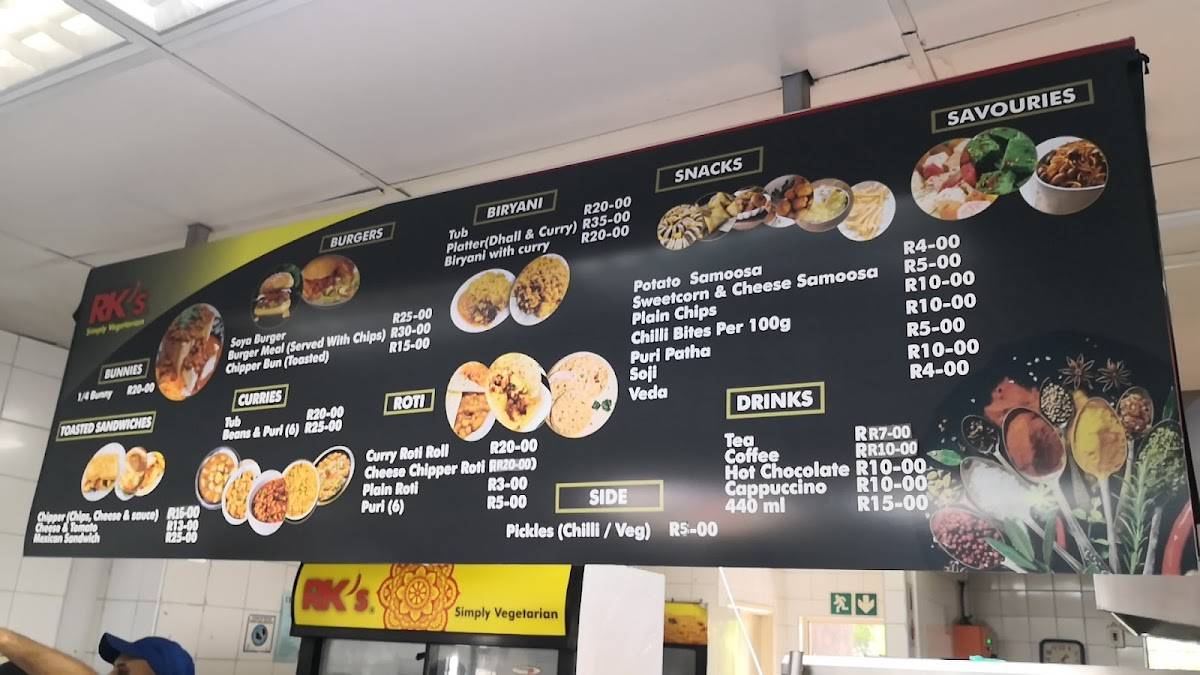 Menu at RK's Simply Vegetarian restaurant, Durban, 15 Millennium Blvd