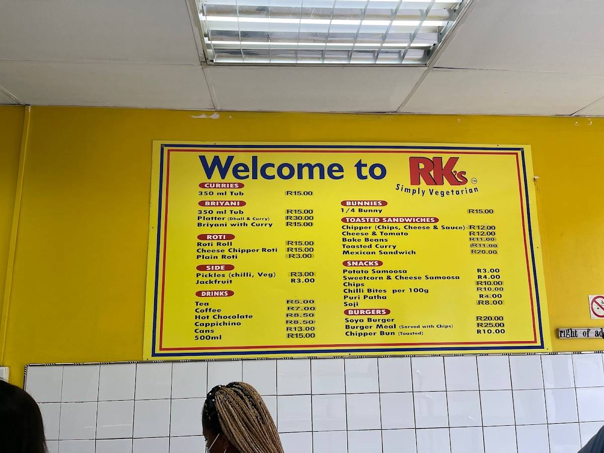 Menu at RK's Simply Vegetarian restaurant, Durban, 15 Millennium Blvd