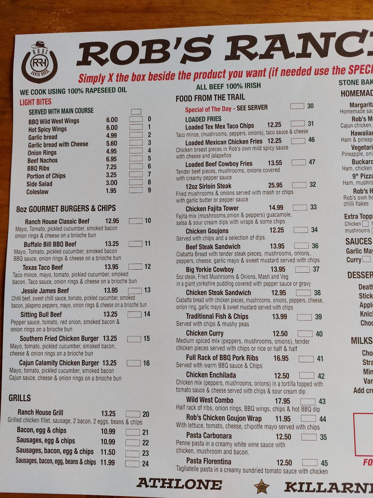 Menu at Rob's Ranch House restaurant, Athlone