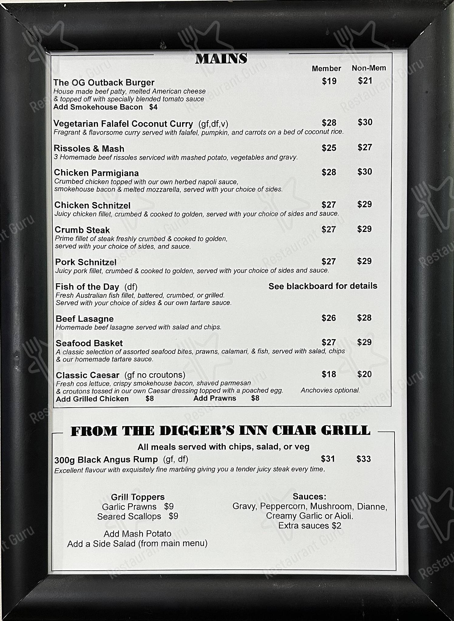 Menu at RSL Bistro restaurant, Longreach
