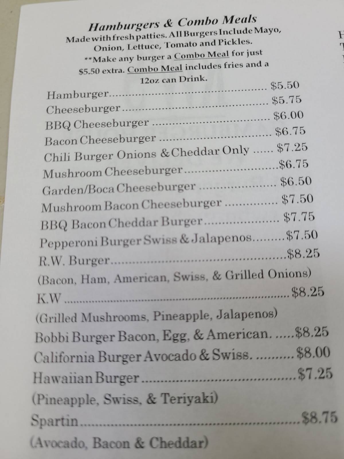 Menu at RW'S Hamburger House restaurant, Palmer, E Palmer-Wasilla Hwy