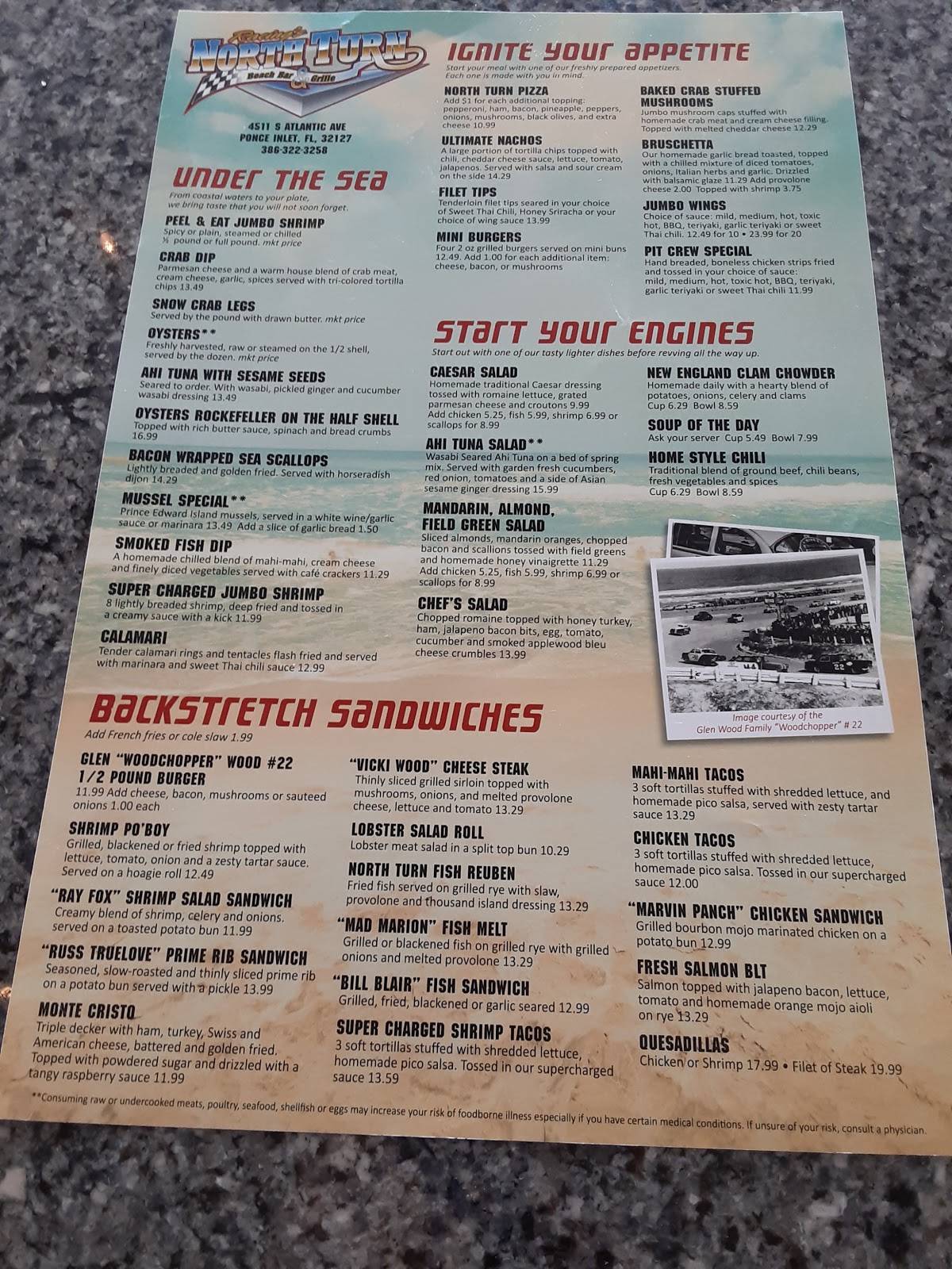 Menu at Racing's North Turn restaurant, Ponce Inlet