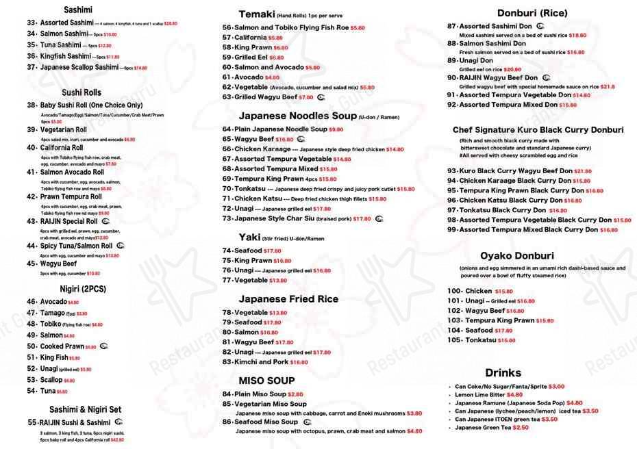 Menu at Raijin restaurant, McKellar