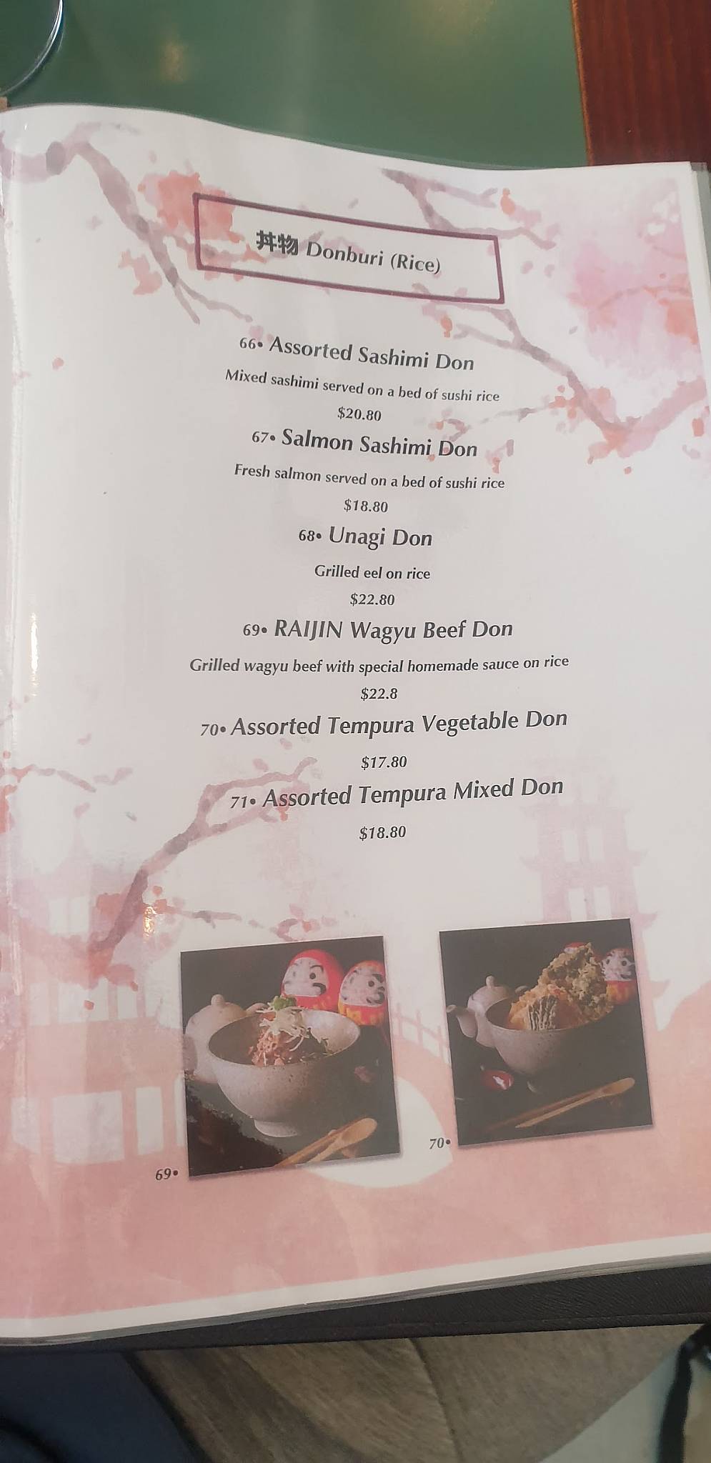 Menu at Raijin restaurant, McKellar