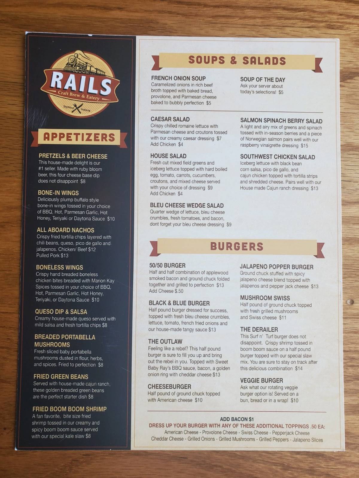Menu at Rails Craft Brew & Eatery pub & bar, Seymour