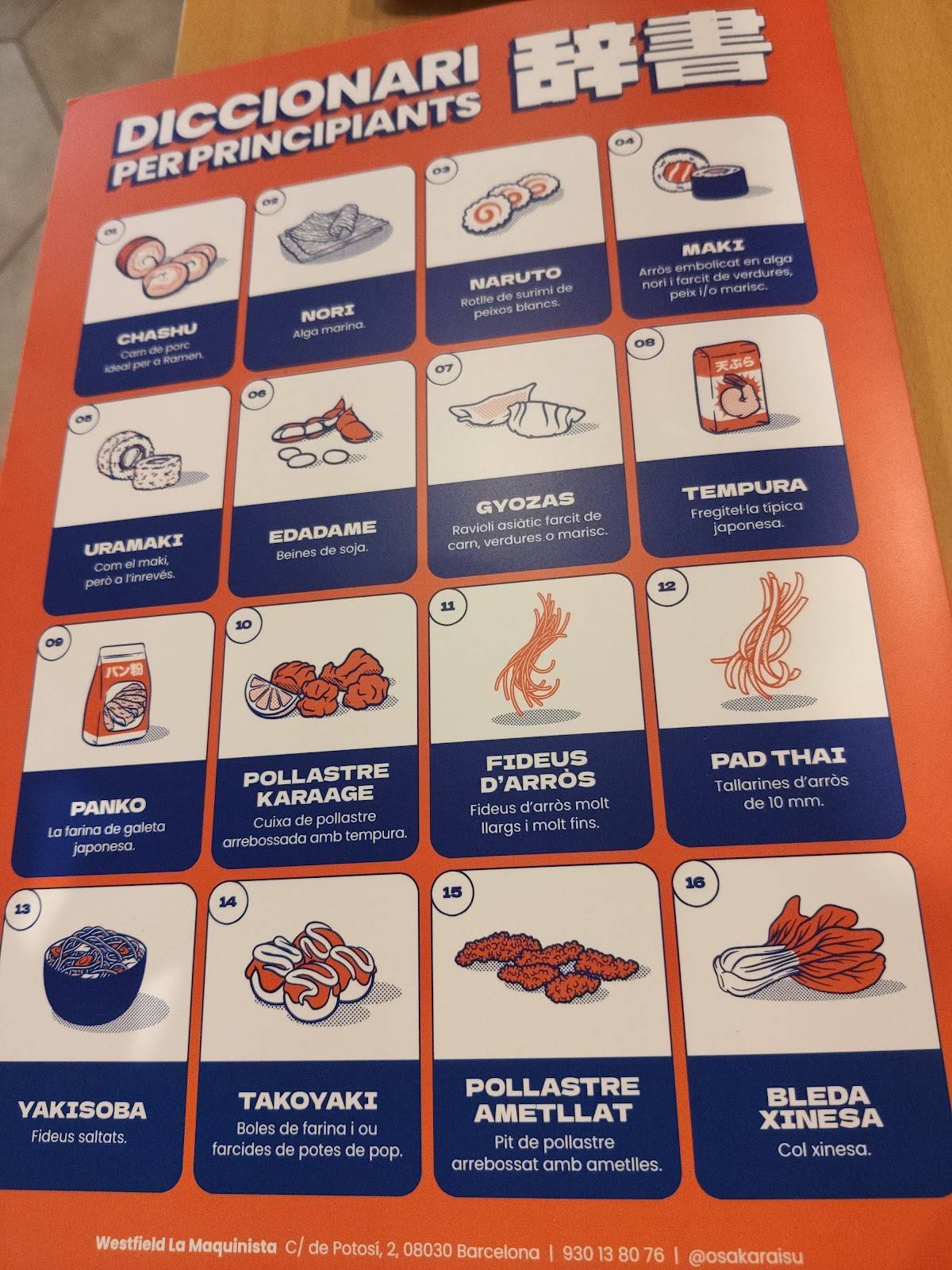 Menu at Raisu restaurant, Barcelona