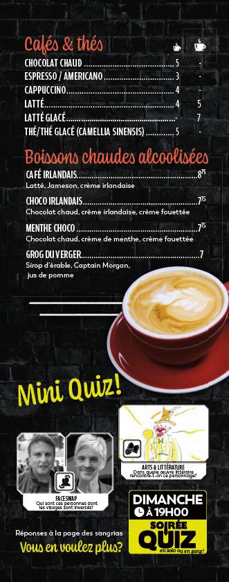 Menu au Randolph Pub Ludique DIX30, Brossard