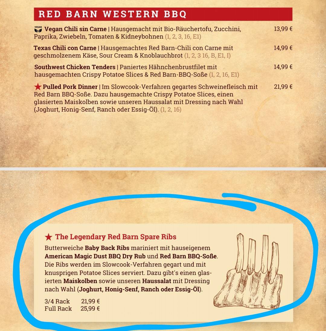 Speisekarte von Red Barn Western BBQ Restaurant, Darmstadt