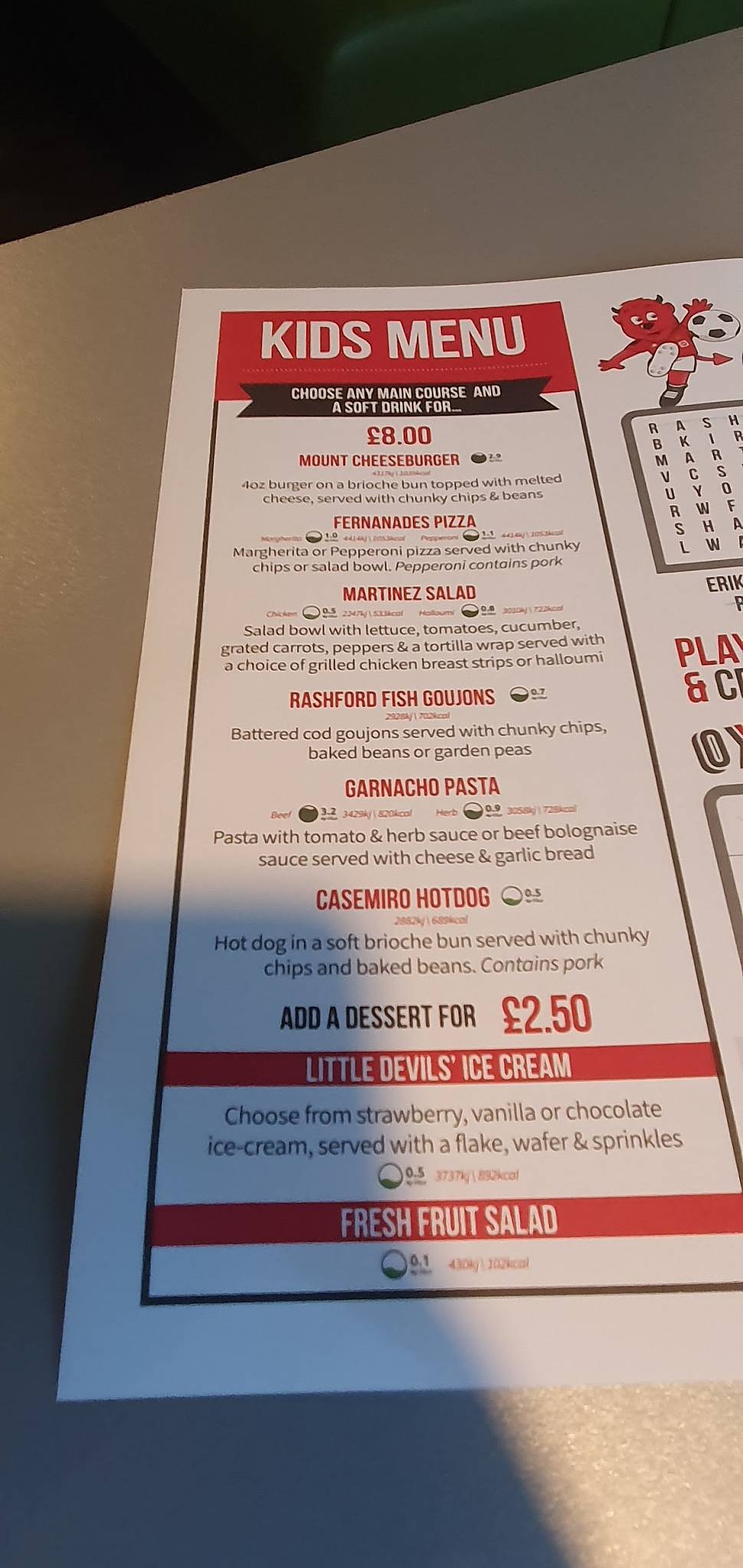 Menu at Red Café at Old Trafford cafe, Manchester, Stadium