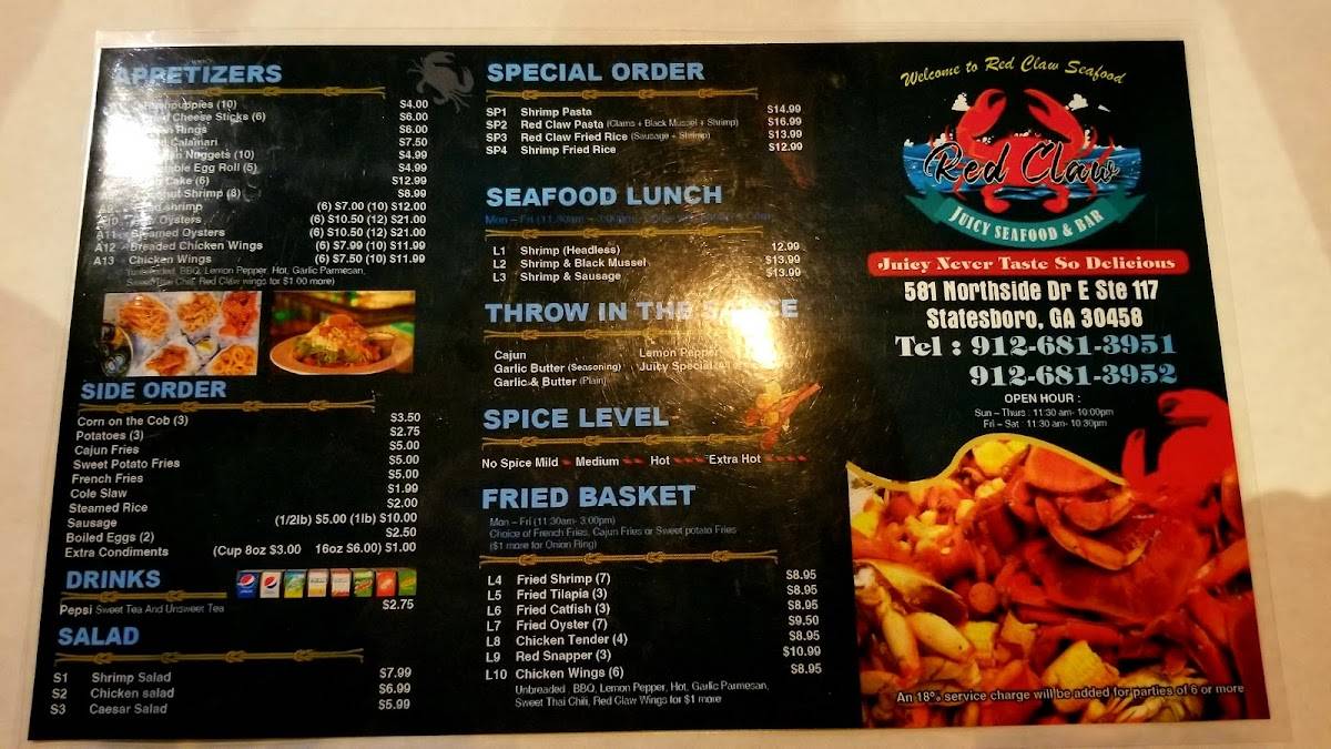 Menu at Red Claw Juicy Seafood & Bar, Statesboro
