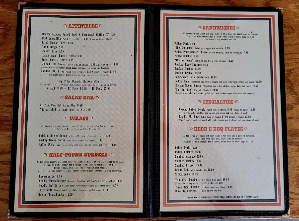 Menu at Redd’s Barbecue, Laurie