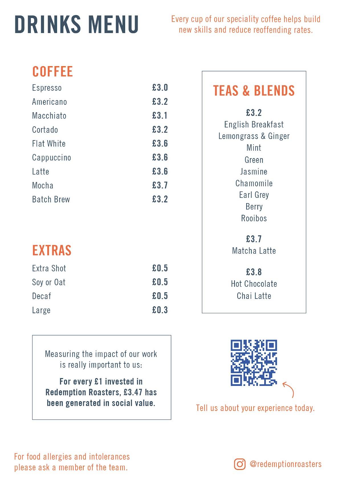 Menu at Redemption Roasters cafe, London, Unit 109 Stable St