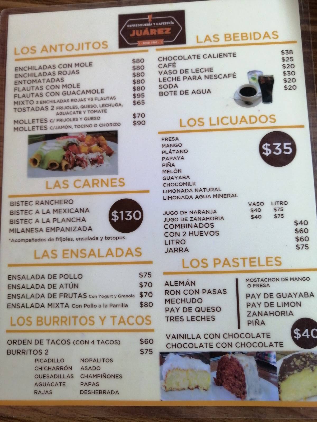 Menu at Refresqueria Juarez Original cafeteria, Monterrey
