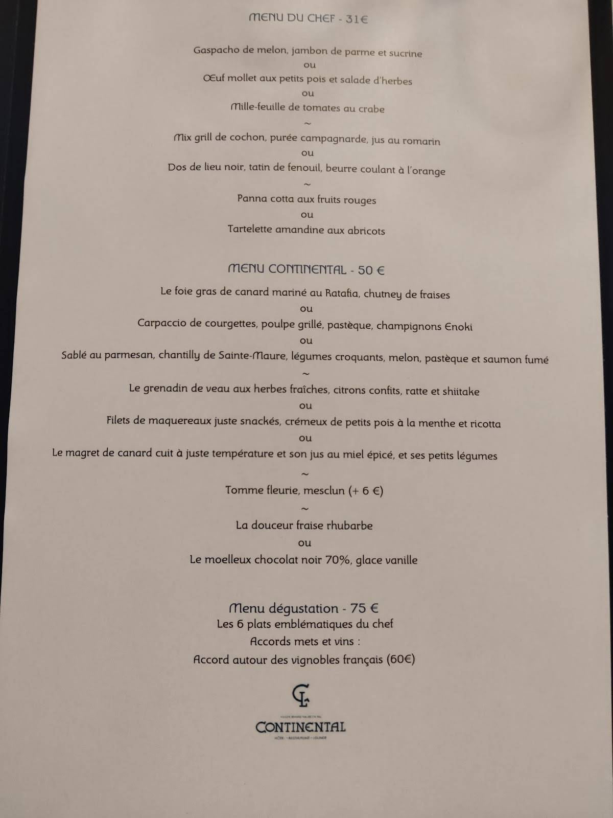 Menu au Continental restaurant, Reims