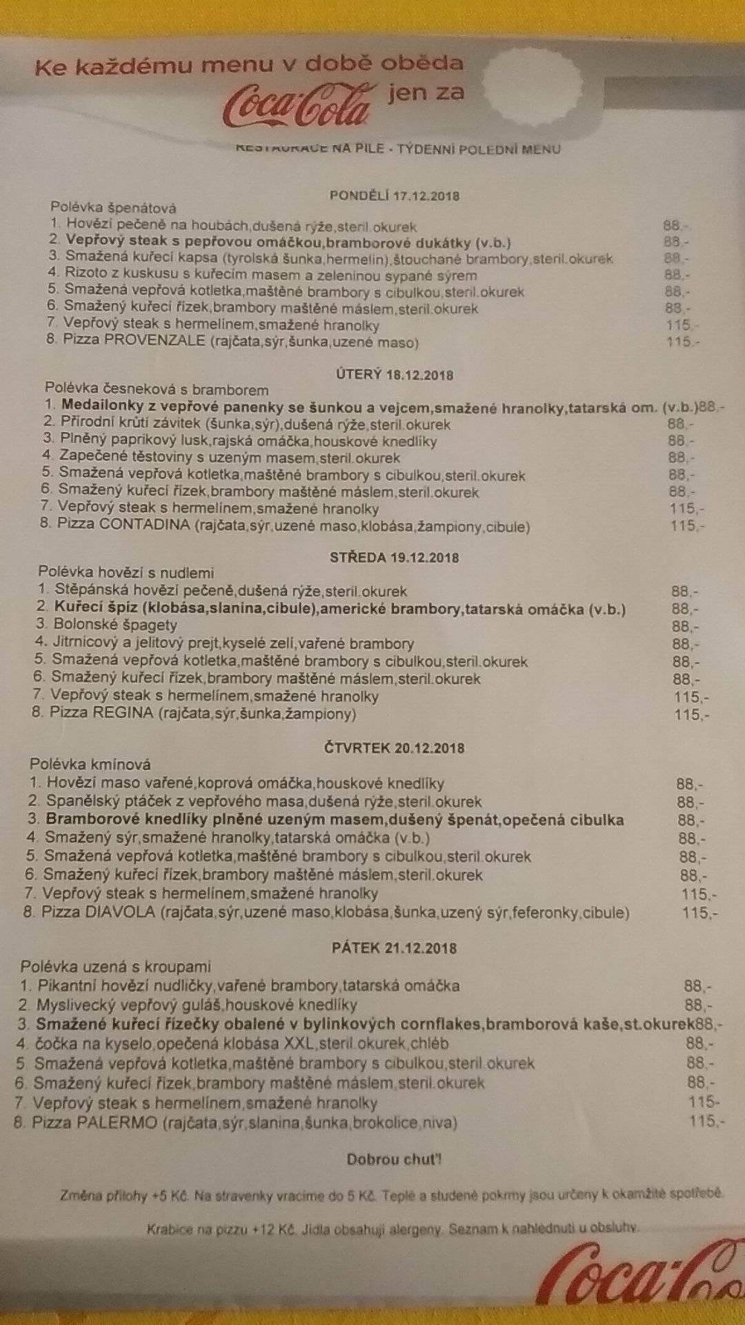 Menu at Restaurace Na Pile pizzeria, Olomouc
