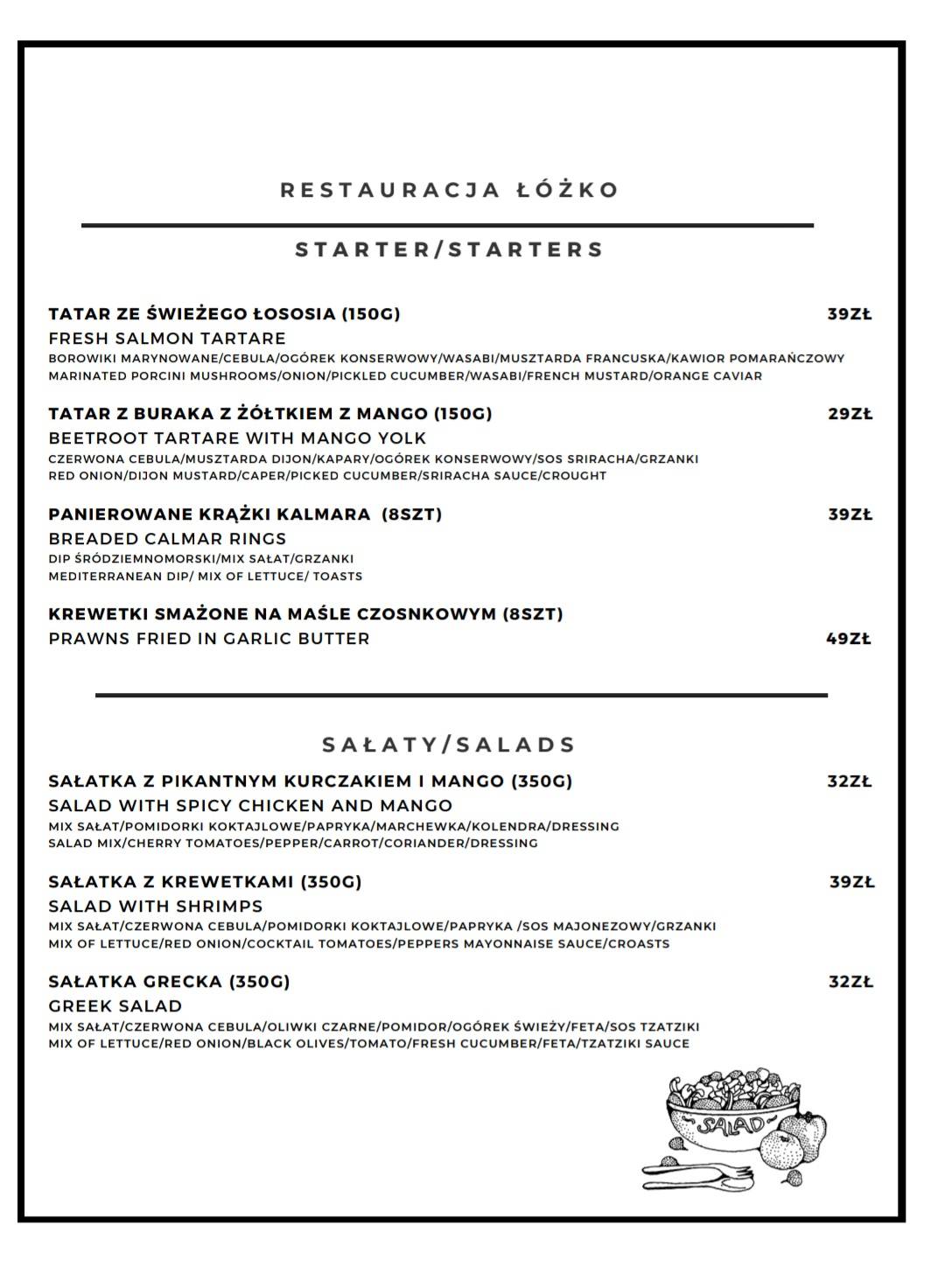Menu at Restauracja „Łóżko” restaurant, Jastarnia, Księdza Bernarda ...