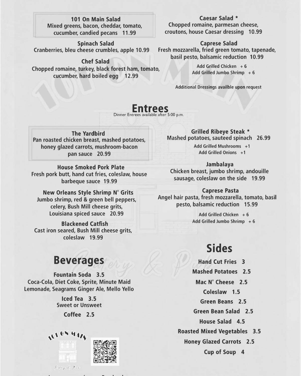 Menu at 101 on Main Eatery and Pub (formerly Corner Kitchen), Blackstone