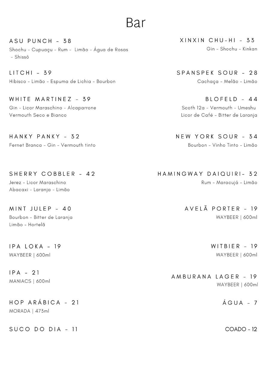 Menu at ASU Restaurante, Curitiba