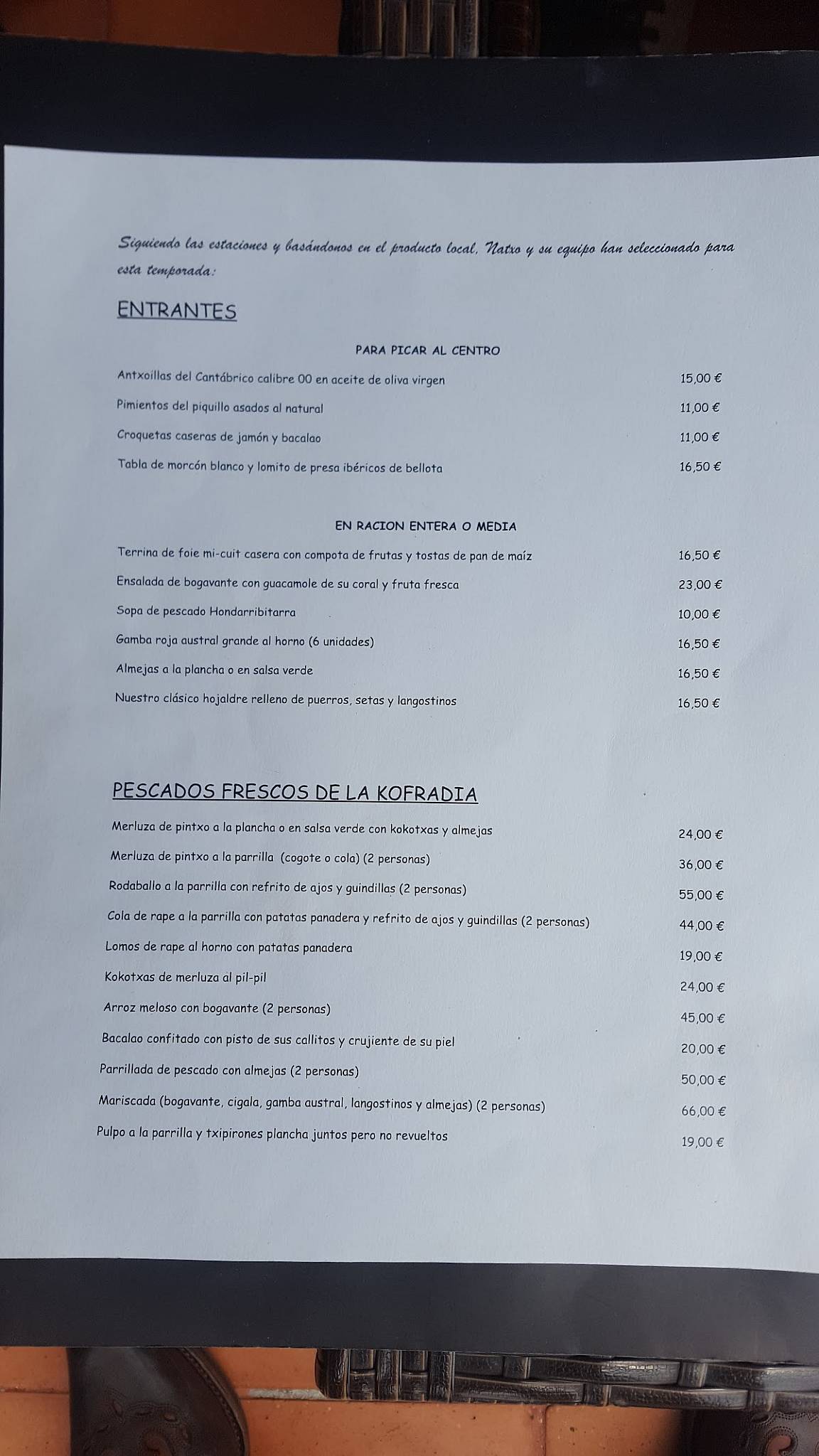 Carta de Abarka Jatetxea, Fuenterrabía