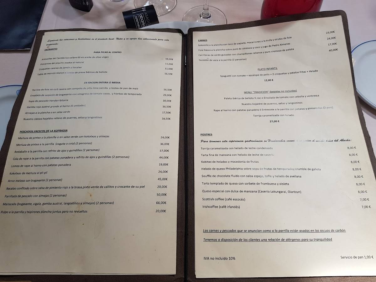 Carta de Abarka Jatetxea, Fuenterrabía