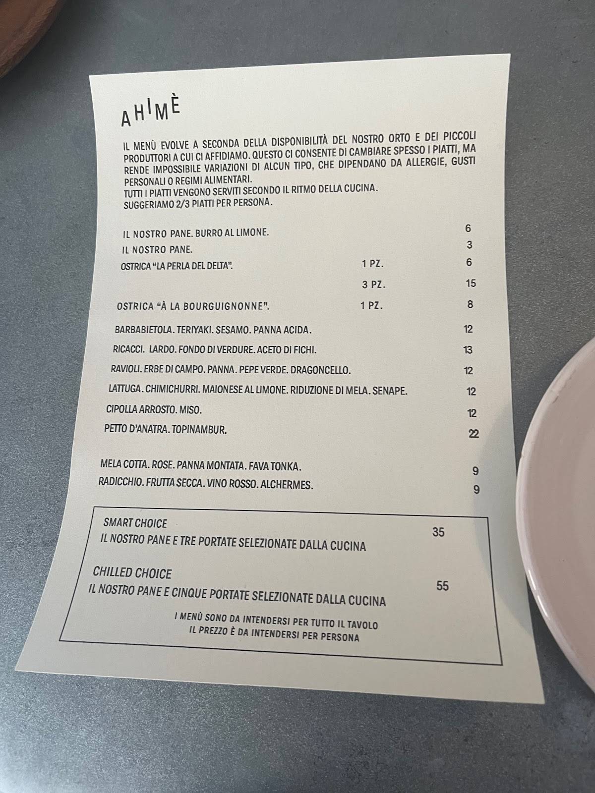 Menu at Ahimè restaurant, Bologna, Via S. Gervasio