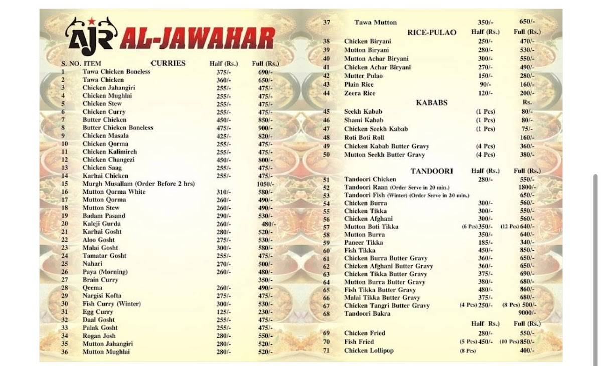 Menu at Al Jawahar Restaurant, New Delhi, Shop no. 8