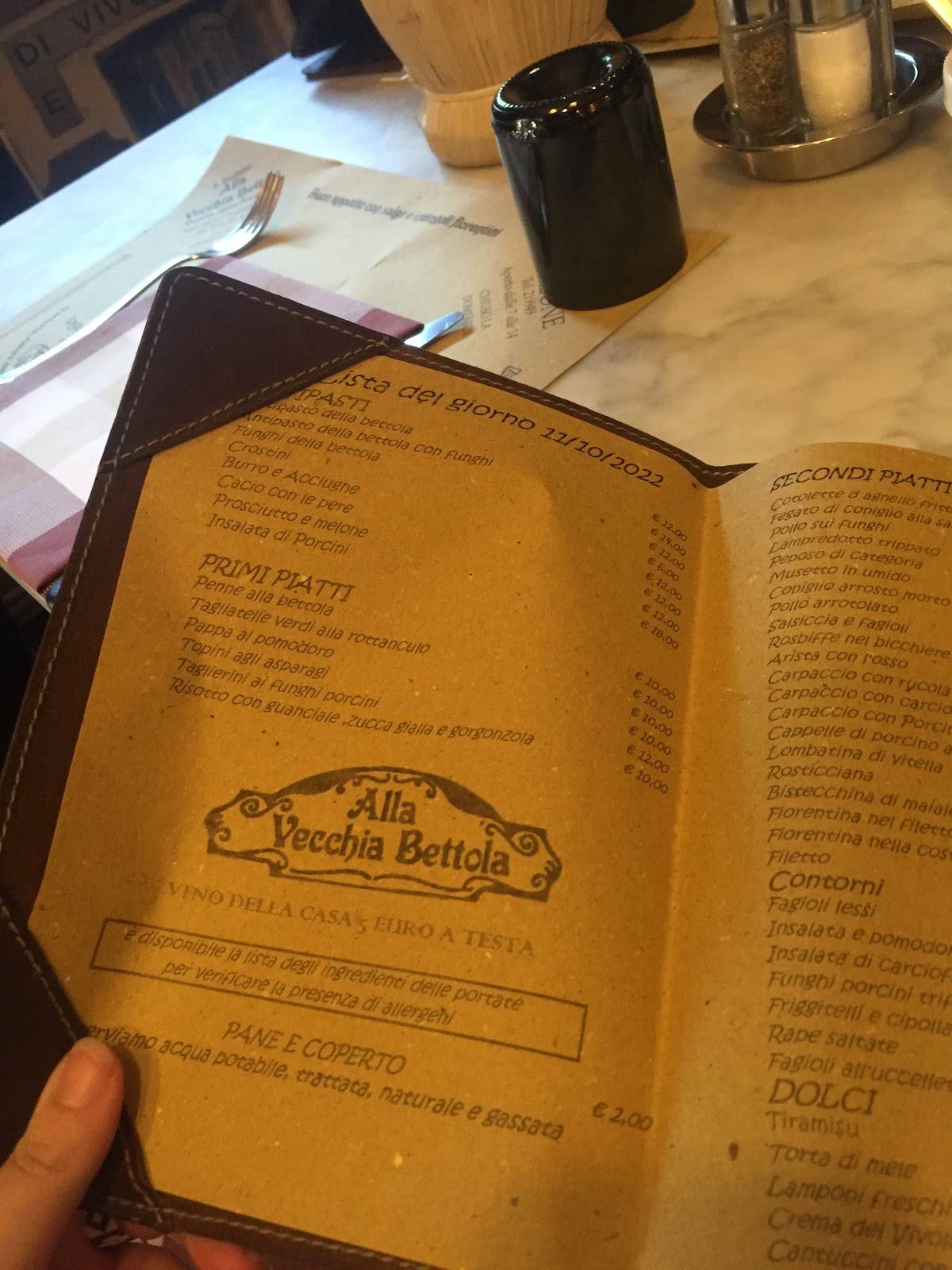 Menu at Alla Vecchia Bettola restaurant, Florence