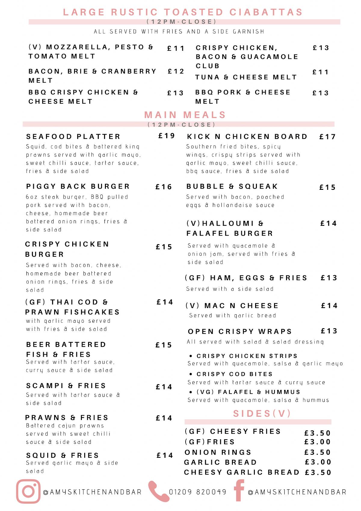 Menu at Amy's Kitchen and Bar, Redruth