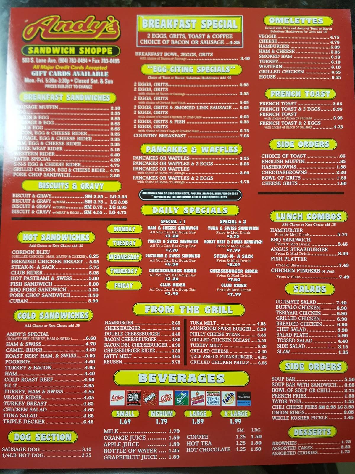 Menu at Andy's Sandwich Shoppe fast food, Jacksonville, 503 Lane Ave S