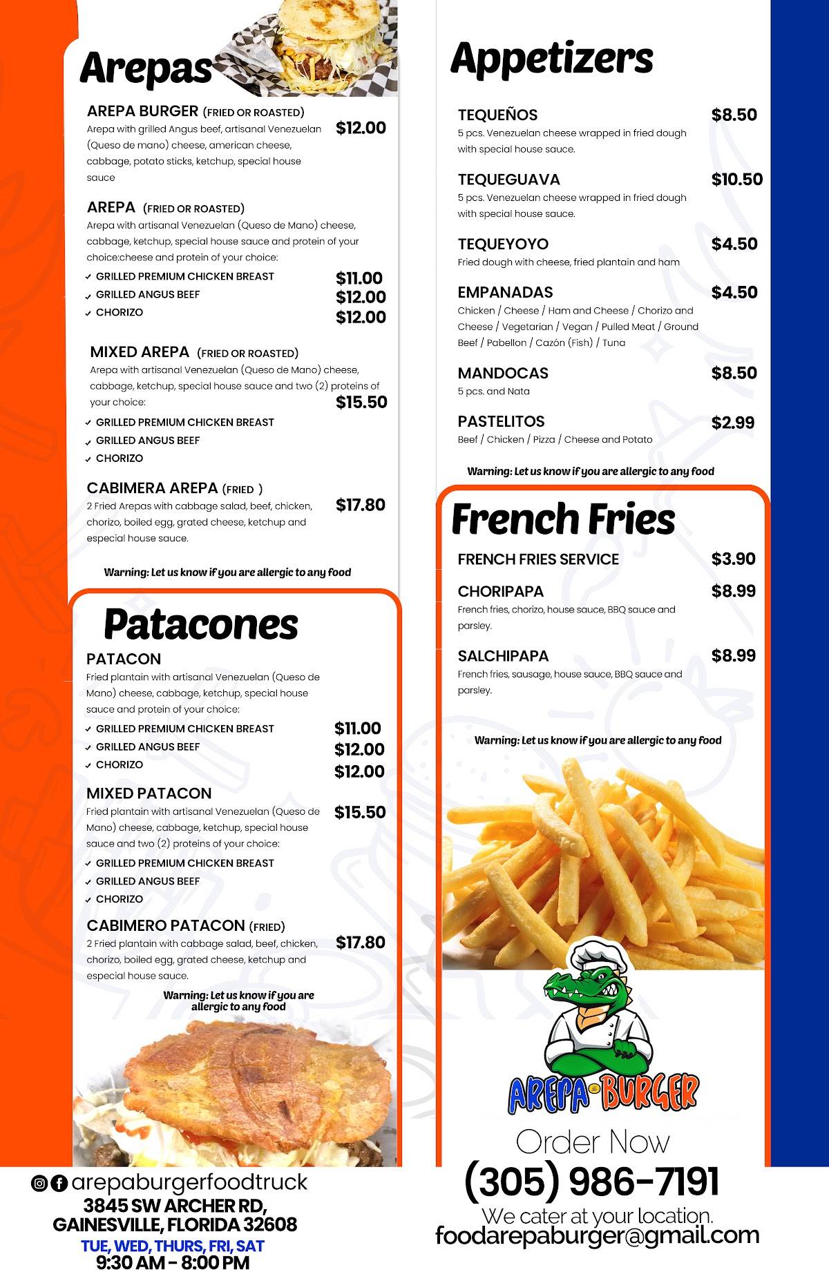 Menu at Arepa Burger Food Truck restaurant, Gainesville, S Main St